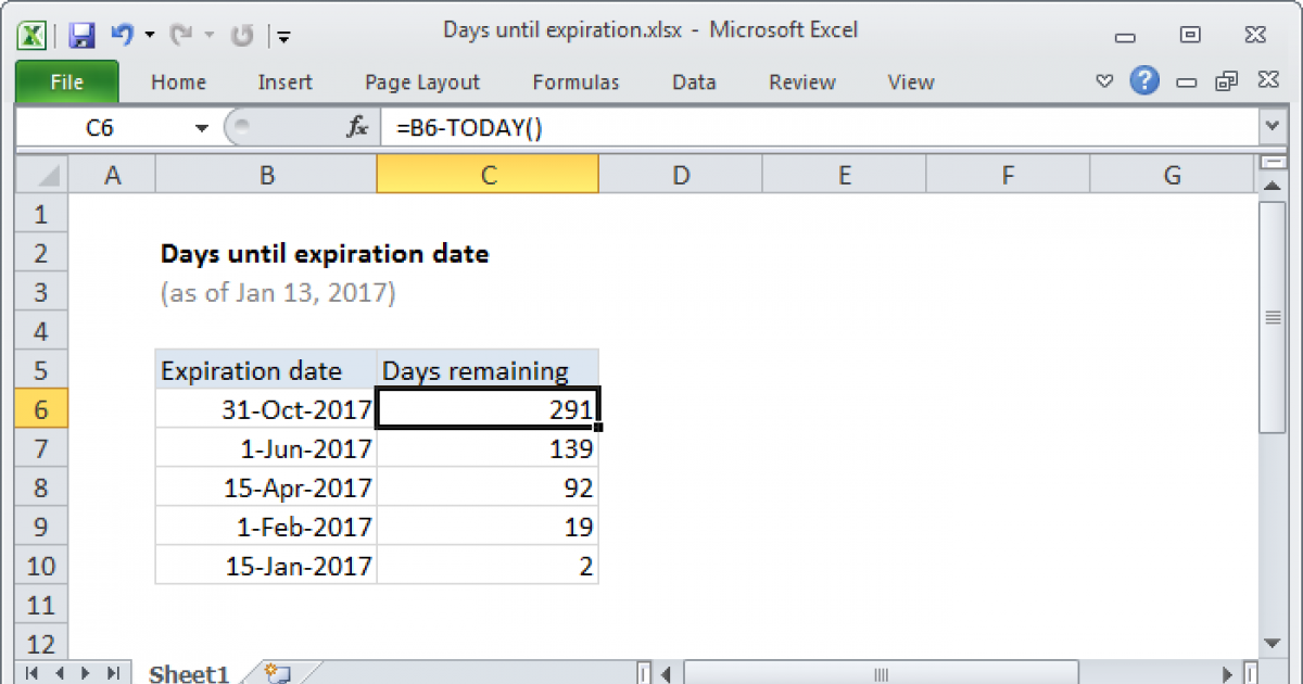 Days Until Expiration Date Excel Formula Exceljet
